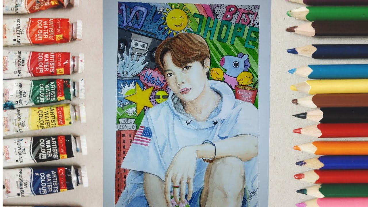 [Painting BTS: JHope] Watercolor || color pencils portrait || doodle ...