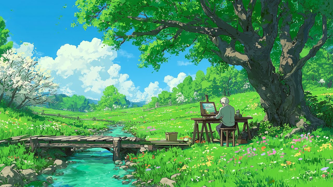 A Peaceful Ghibli Morning by the Riverside Meadow | Soft Ambience for ...