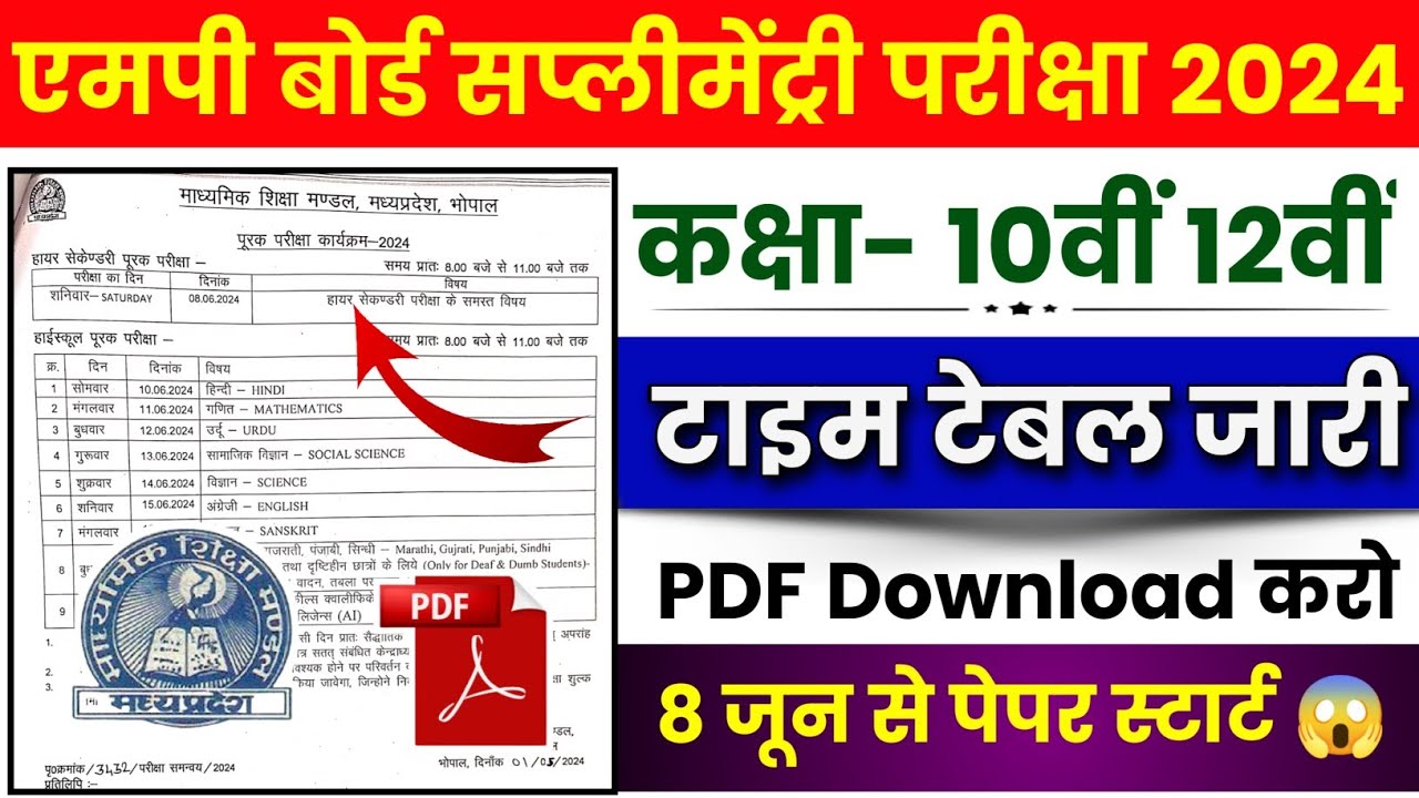 Mp Board Class 10th 12th Supplementary Exam 2024 | Time Table |PDF ...