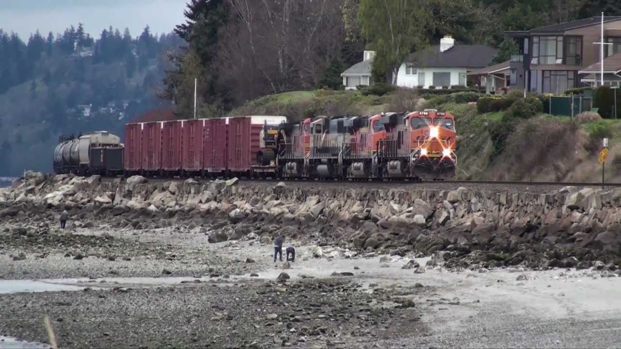 Freight train southbound past the beach in Edmonds, WA, 4-2-2013 - YouTube