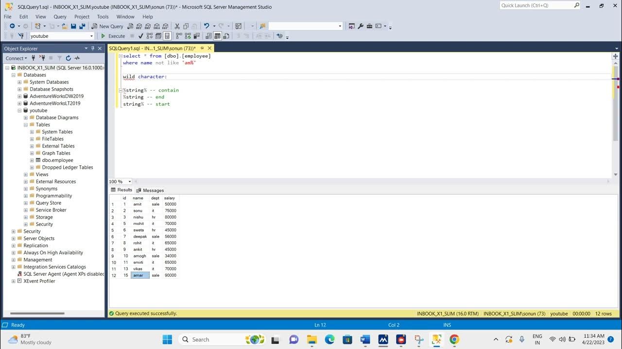where clause with Not like operator - YouTube