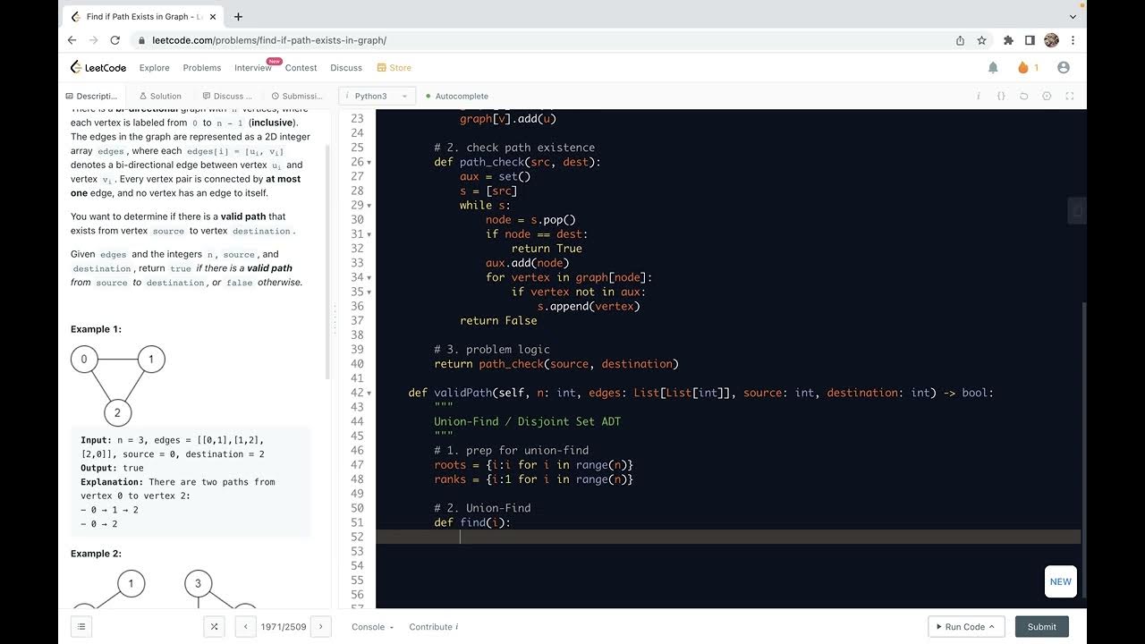 leetcode 1971. Find if Path Exists in Graph - two methods: traversal, union-find - YouTube