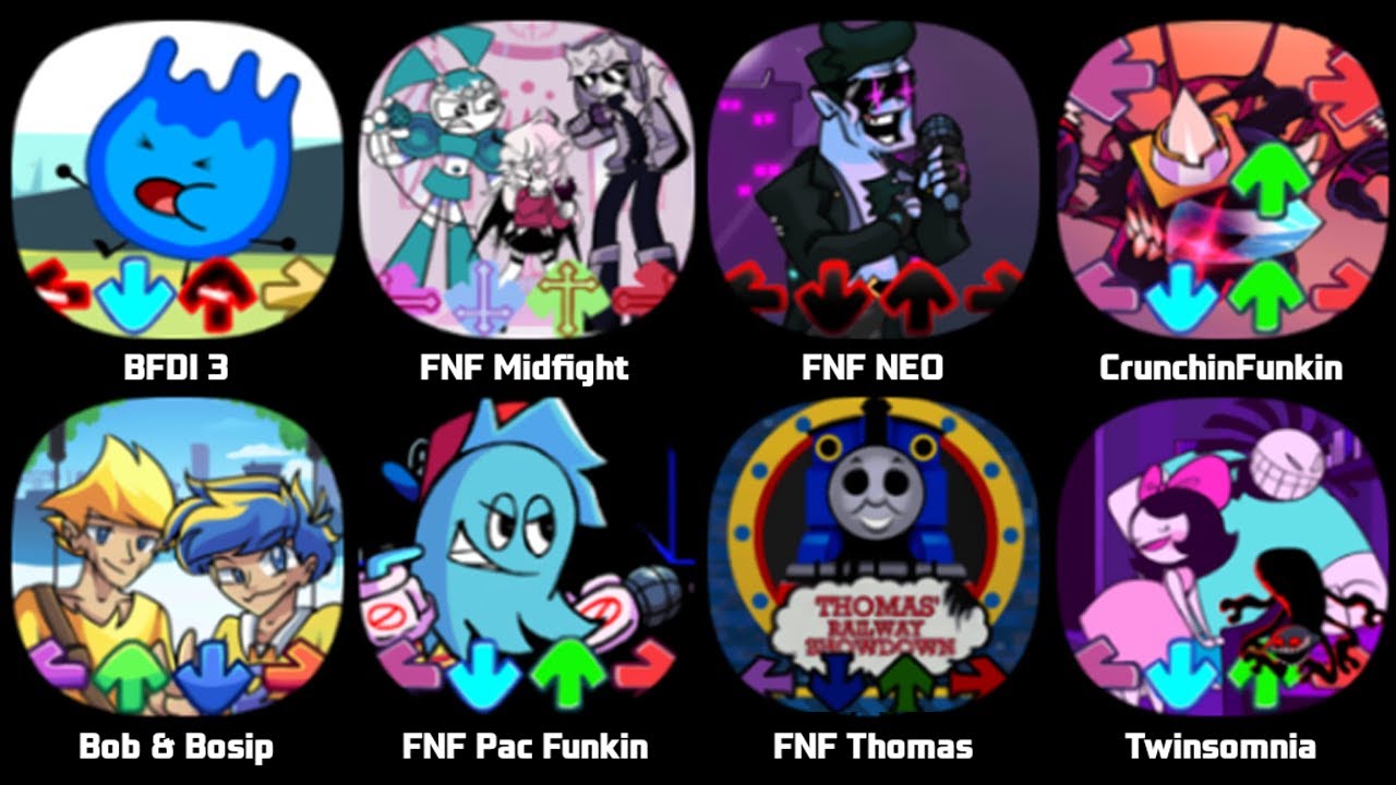 FNF BFDI 3, FNF Midfight Masses, FNF Neo Mod, FNF Pacman, FNF Thomas ...