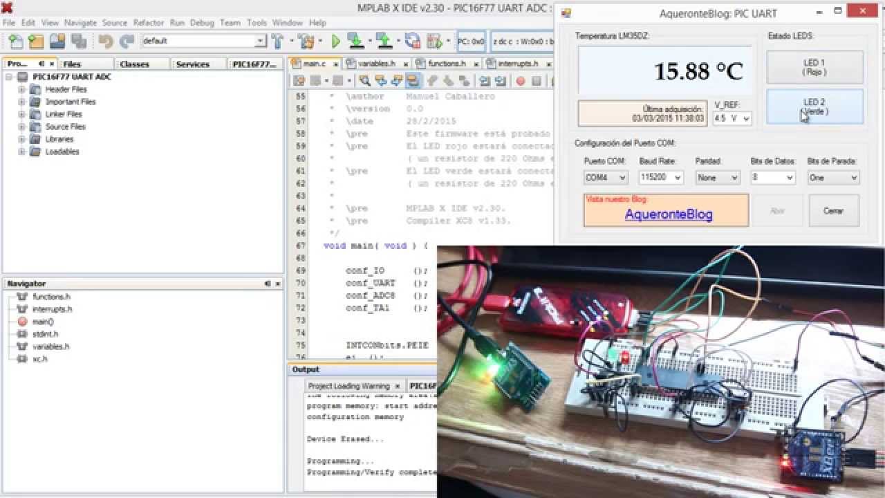 PIC16: PIC16F77 + LM35 + ADC 8-bits + UART + XBEE + LEDS - YouTube