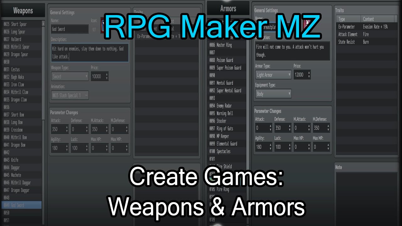 RPG Maker MZ: Create Games: Weapons & Armors - YouTube