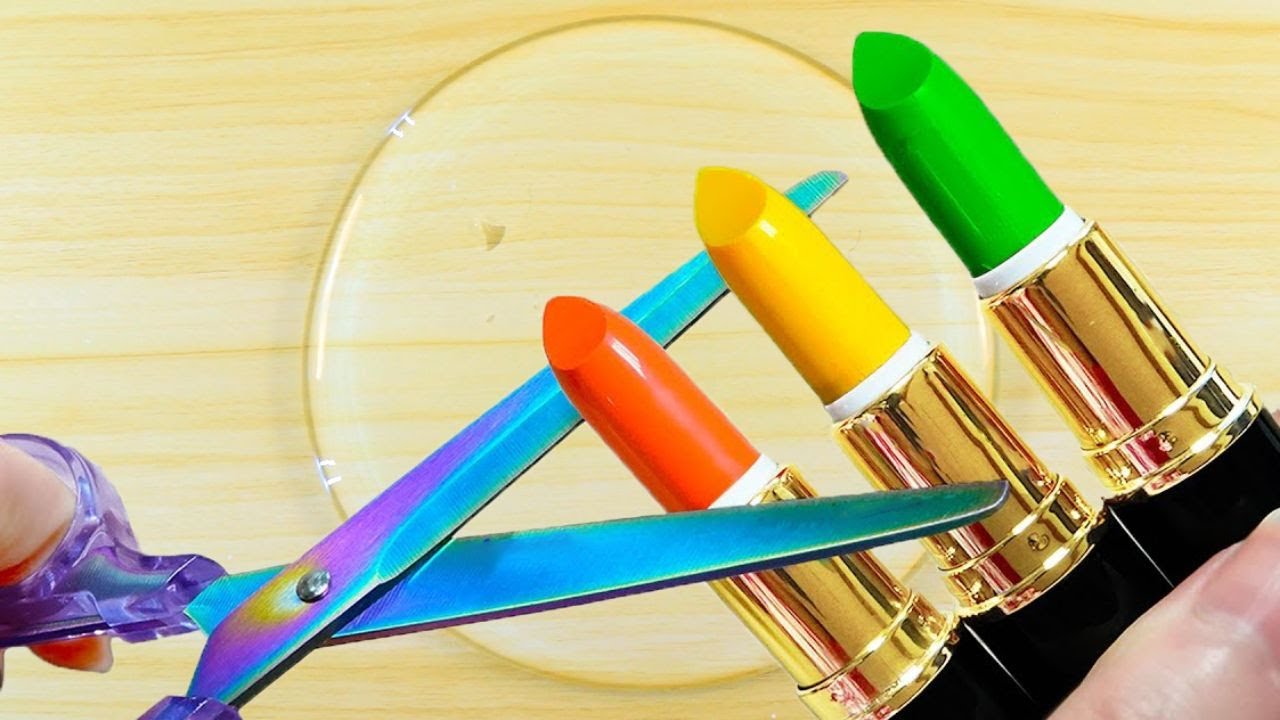squishing lipstick into slime! random makeup slime coloring - YouTube