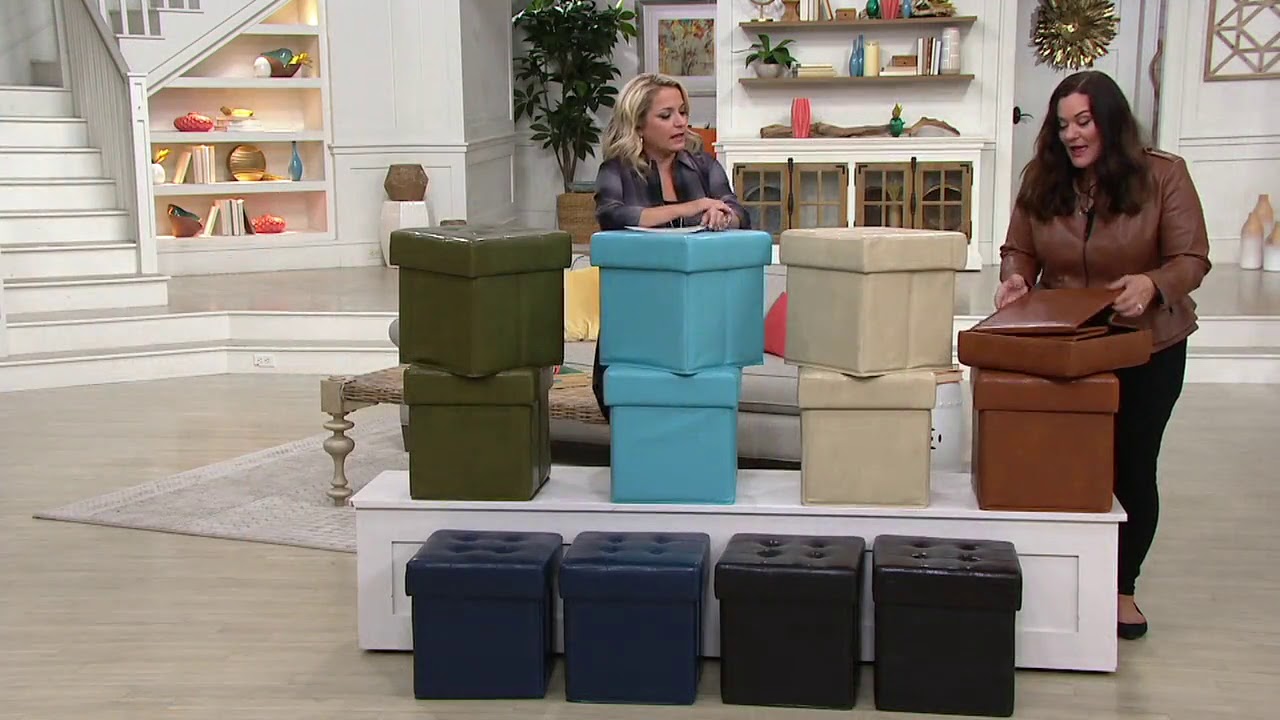 Set of 2 Faux Leather Fold-up Storage Ottomans w/Tray by Valerie on QVC ...
