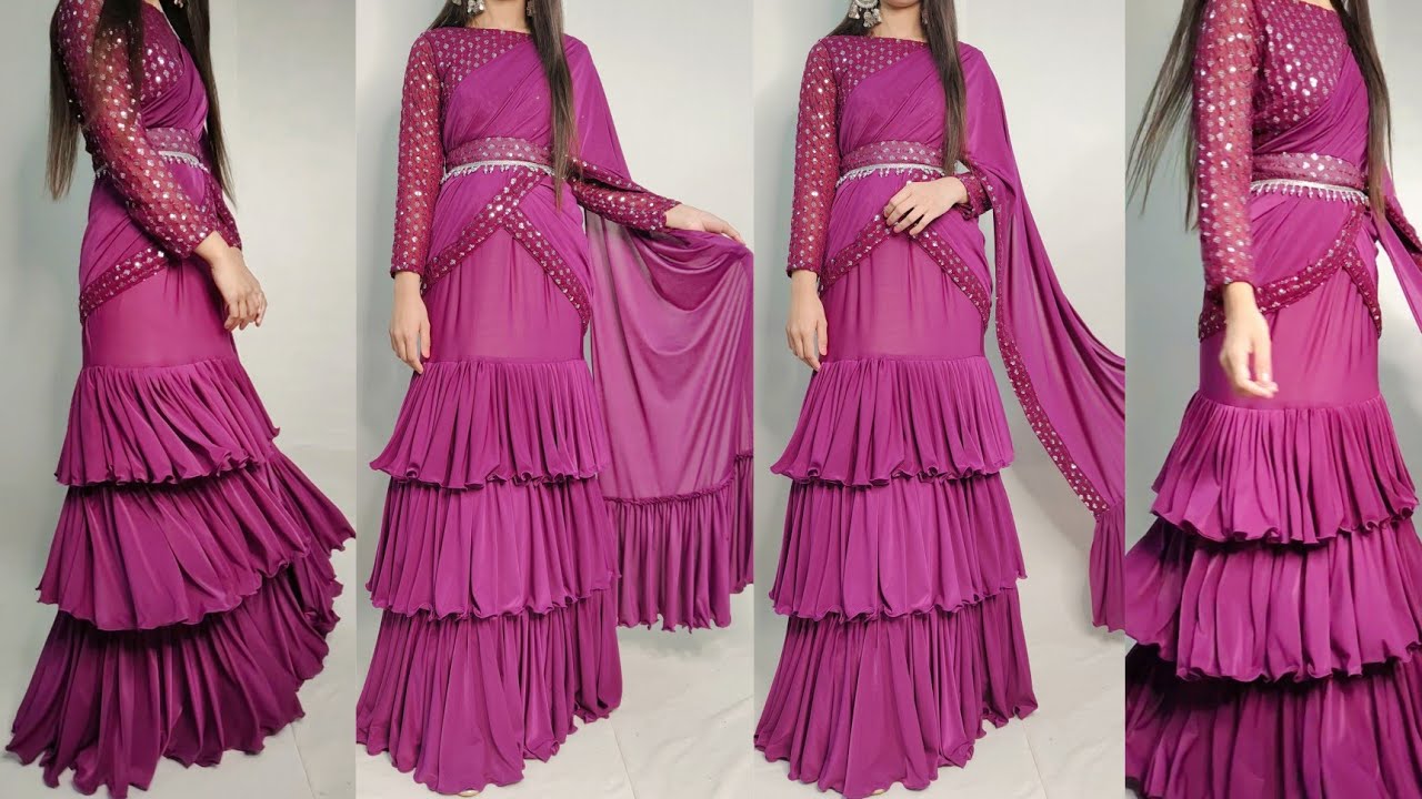 Ready made style frill saree cutting and stitching/ 1 min draping saree ...