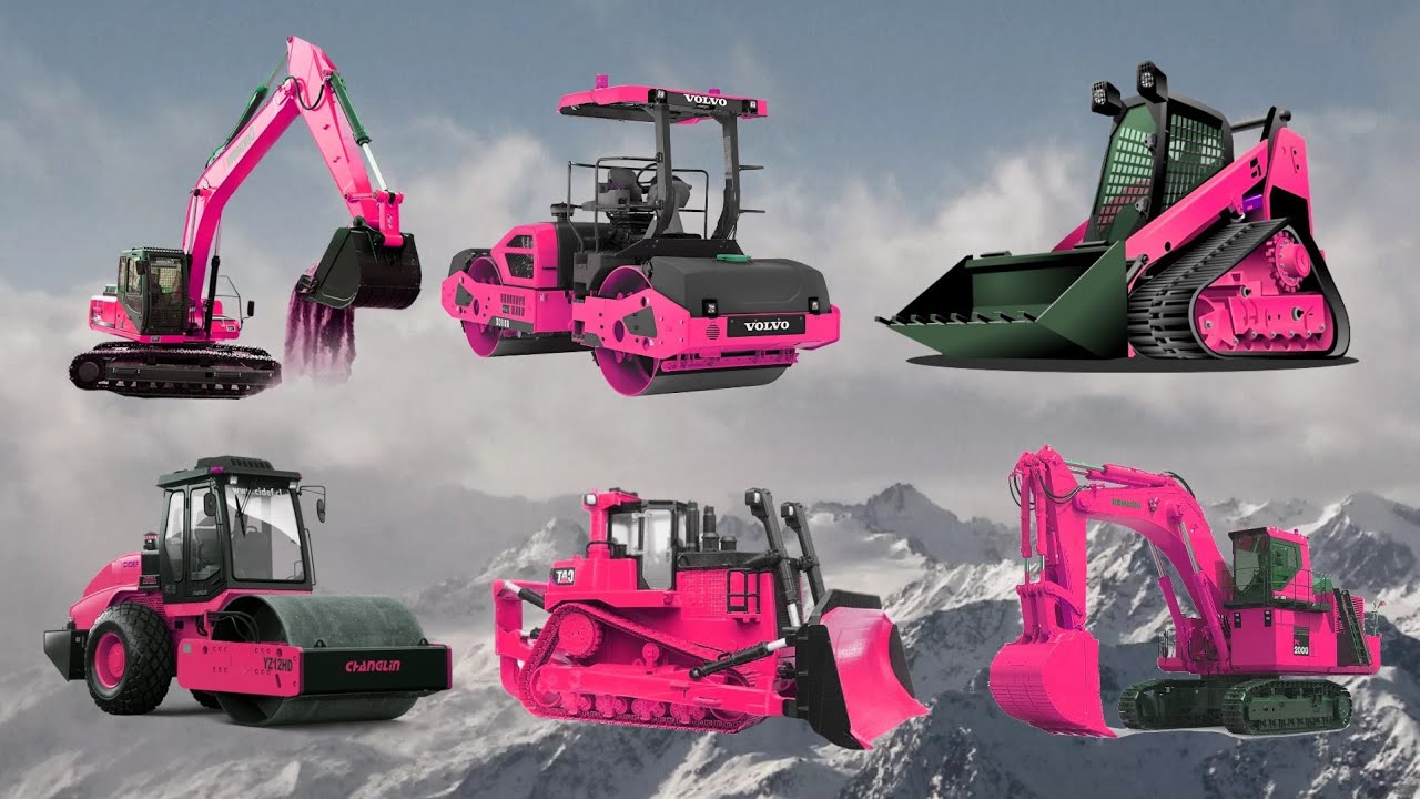 Alat Berat Konstruksi Warna Pink. Excavator, Road Roller, Compactor ...