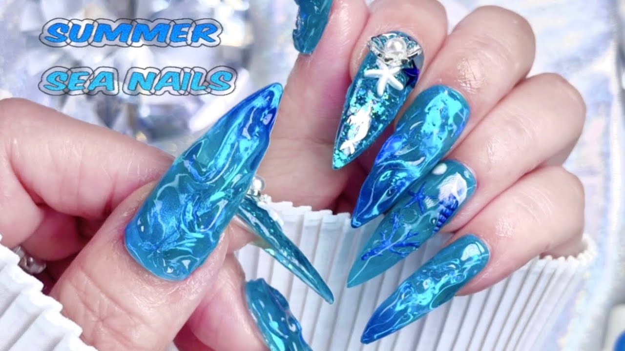 여름네일 1탄 언더더씨~🧜🏻♀🌊 시원한 바다네일🩵 양면테이프 팁연장부터 물결네일 꿀팁까지 셀프네일 네일아트
