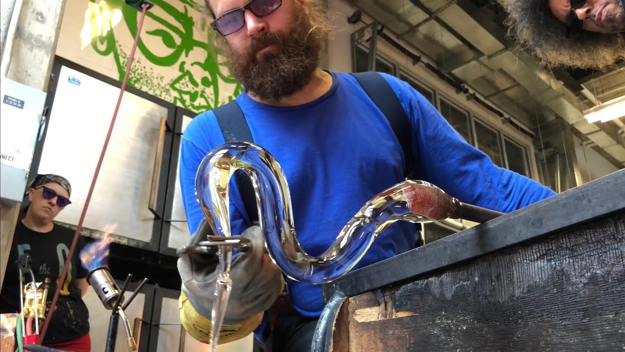Glass artists Asp and Hand make a pitcher with a very cool handle - YouTube