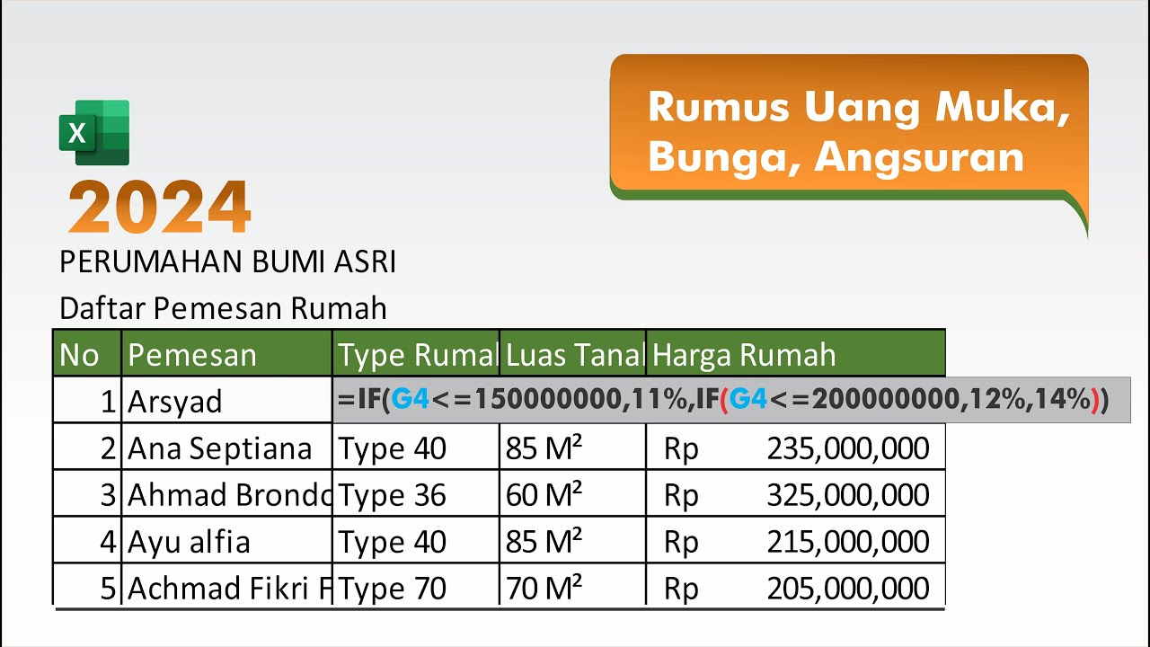RUMUS MENAMBAHKAN UANG MUKA BUNGA DAN ANGSURAN DI EXCEL, DATA PERUMAHAN ...