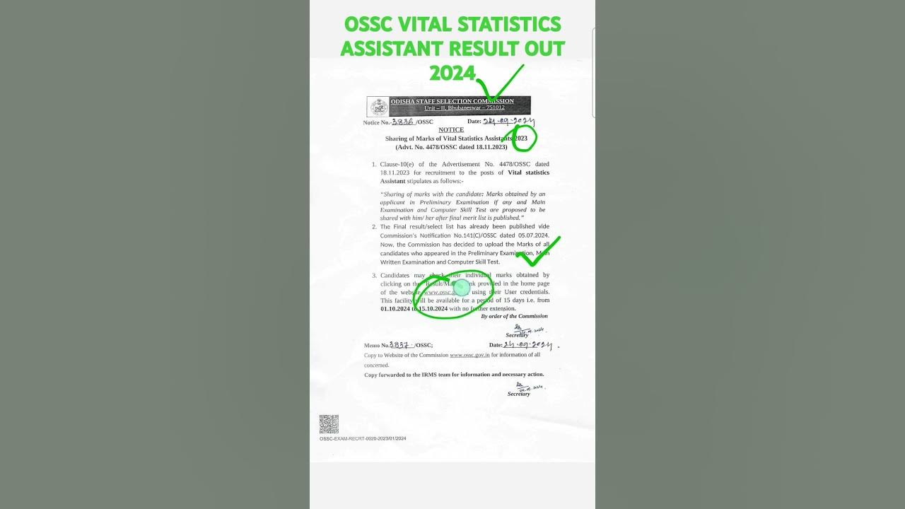 OSSC VITAL STATISTICS ASSISTANT RESULT OUT 2024 #OSSC #OSSSC #OSSCVSA - YouTube