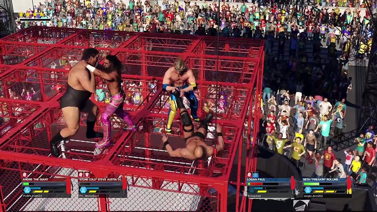 WWE 2K24 - Hell in a Cell : Logan Paul & Seth Rollins vs. André & Steve ...