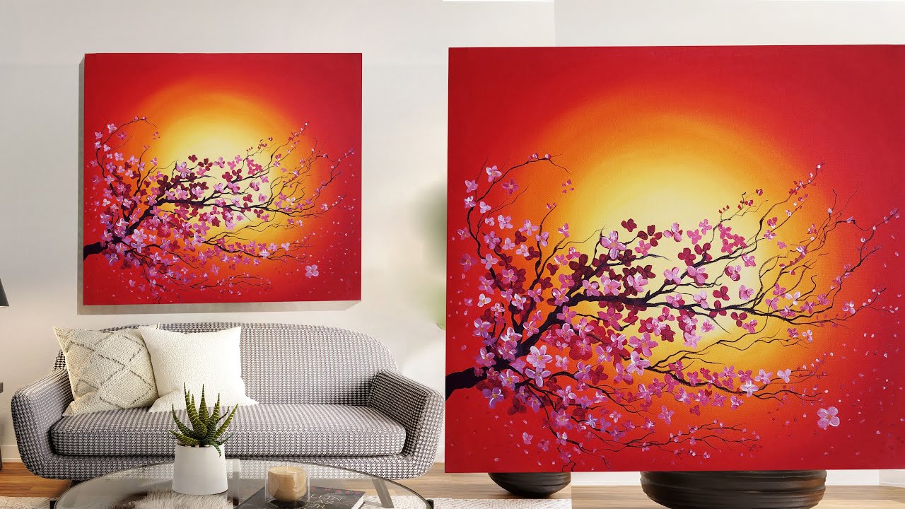 Spring flower pink flower Acrylic color painting for beginners | Simple ...