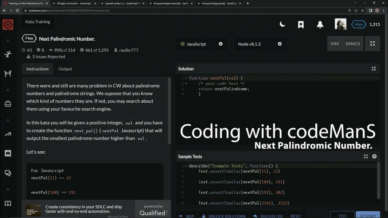 Codewars 7 kyu Next Palindromic Number. Javascript - YouTube