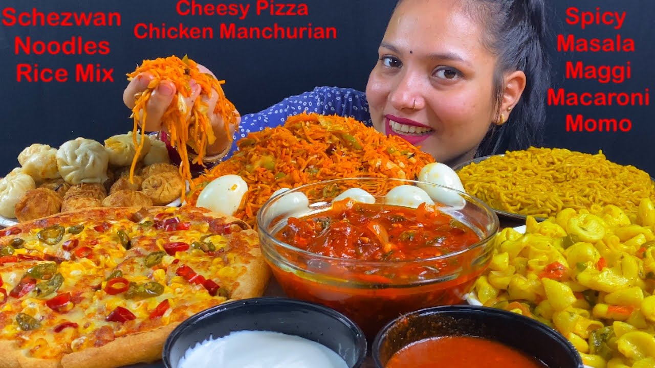 Eating Spicy 🔥 Masala Maggi, Macaroni, Cheesy Pizza, Chilli Chicken ...