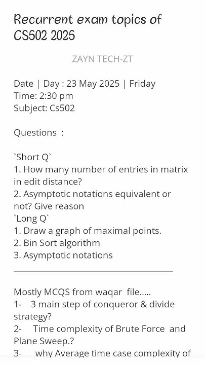 Most Repeated Midterm Exam Topics of CS502 Fundamental of Algorithm 2025 - YouTube