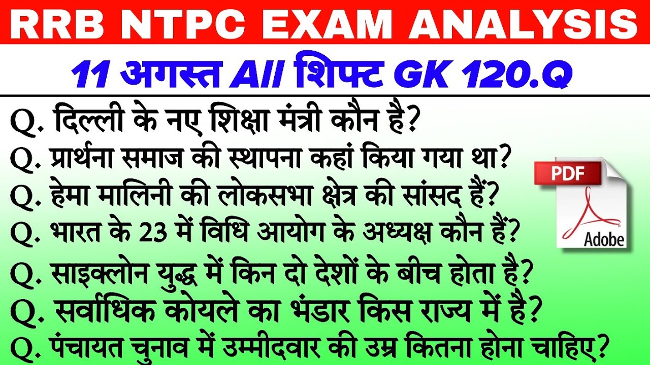 RRB NTPC 12 August 1st Shift GK Analysis | RRB NTPC 11 august All shift ...