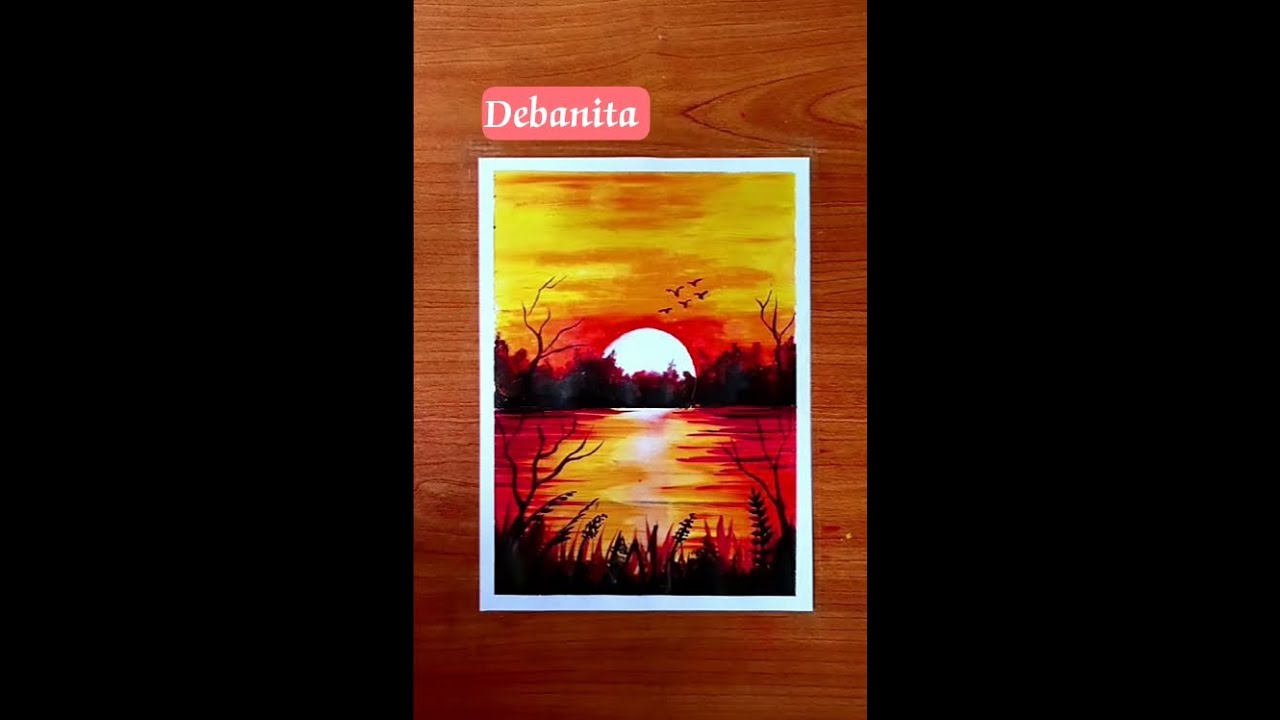 how to draw Sunset in the beach / Easy sunset scenery drawing how to ...