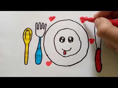 رسم للأطفال/رسم صحن وشوكة وسكين وملعقة/رسم صحن وشوكة وسكين وملعقة كيوت ...
