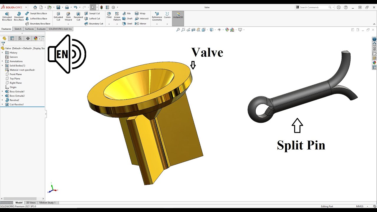 Valve and Split Pin SolidWorks 2021 Tutorial! Swept Boss/Base command ...