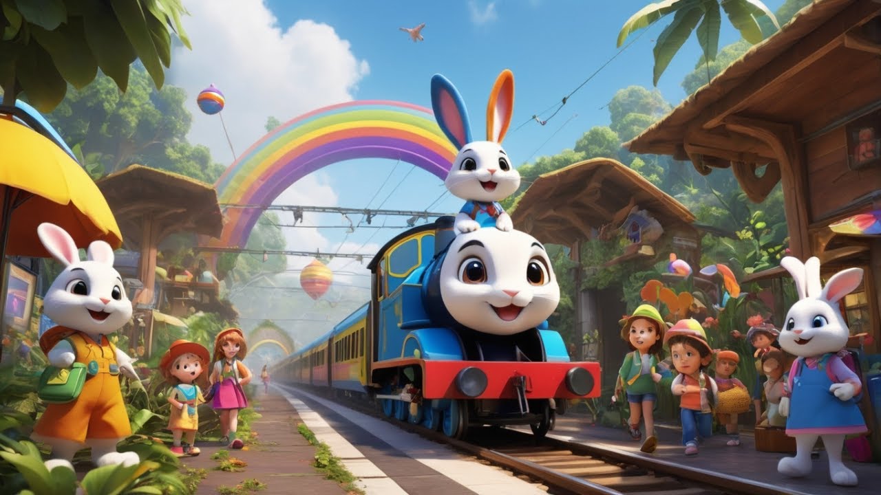 Rainbow train, rainbow train, choo, let’s play again! Round and round ...