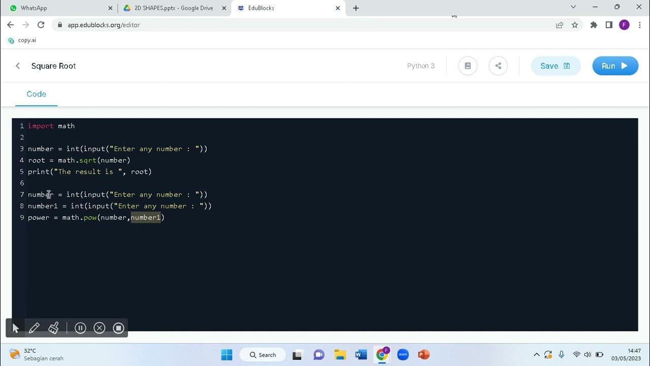 Belajar Coding Menggunakan Edublocks Python Assignment Brightchamps Square Root And Power