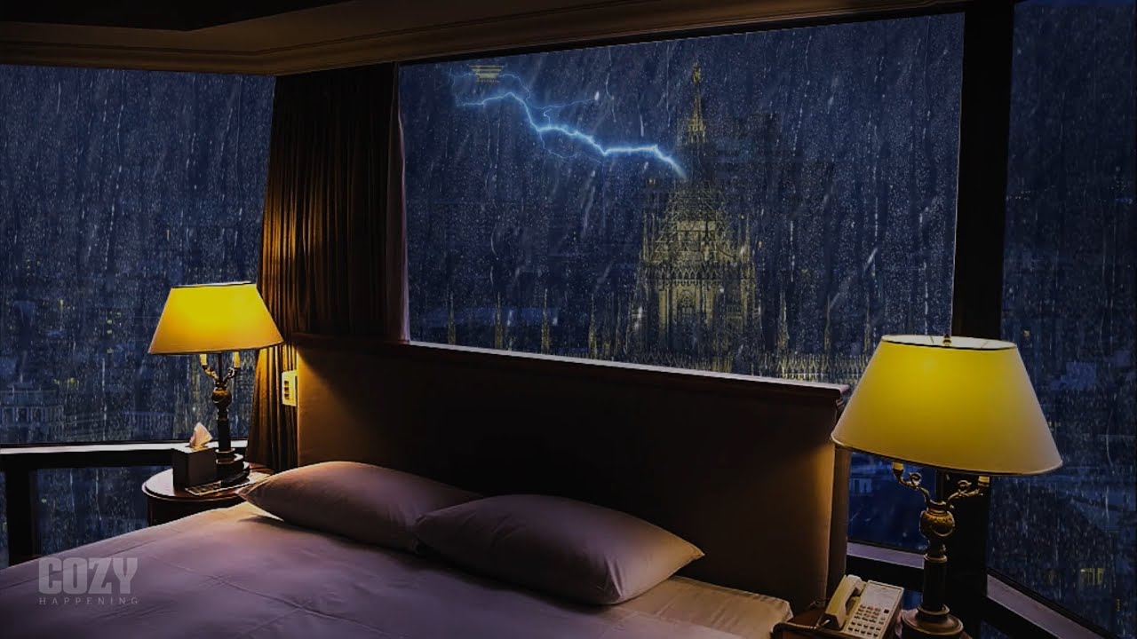 ⛈ Cozy Bedroom With Heavy Rain in Milan, Thunder Sounds, Rain Sounds ...