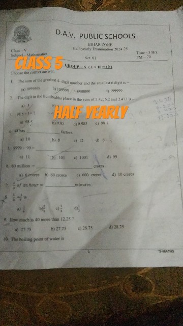 DAV public school class 5 half yearly math paper 2024 - 2025 😀😀 - YouTube