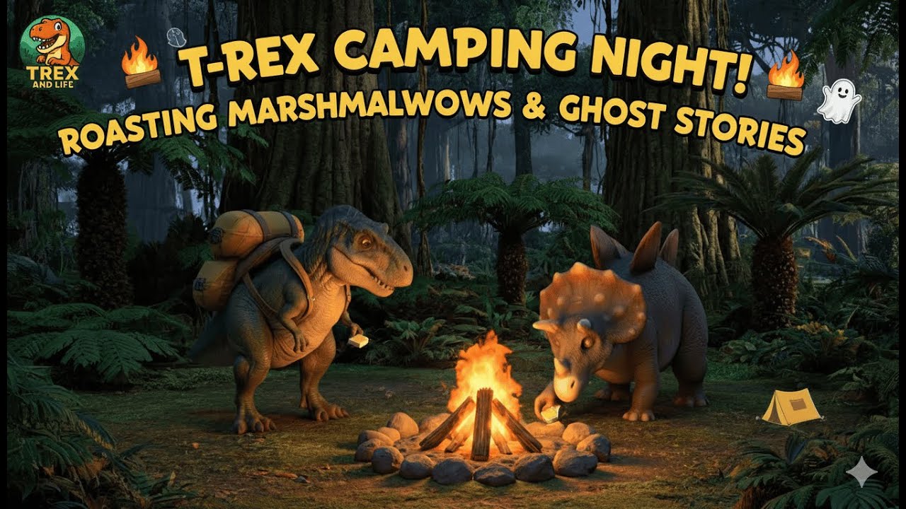 T-Rex Camping Night! Roasting Marshmallows & Ghost Stories | Funny ...