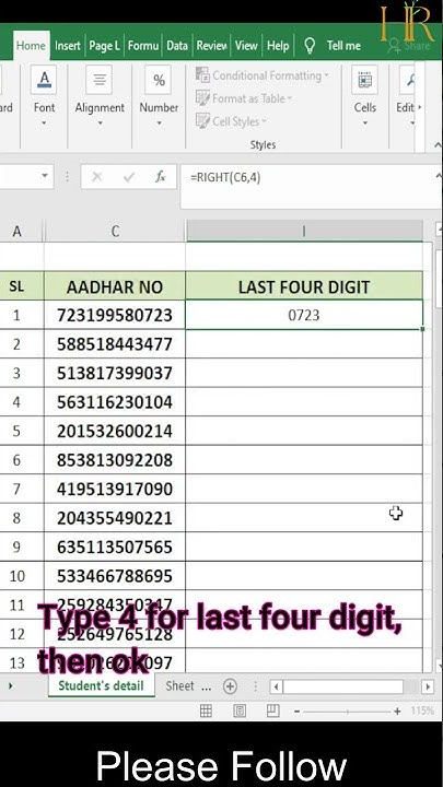 Write last 4 digit number of Aadhaar number in MS Excel - YouTube