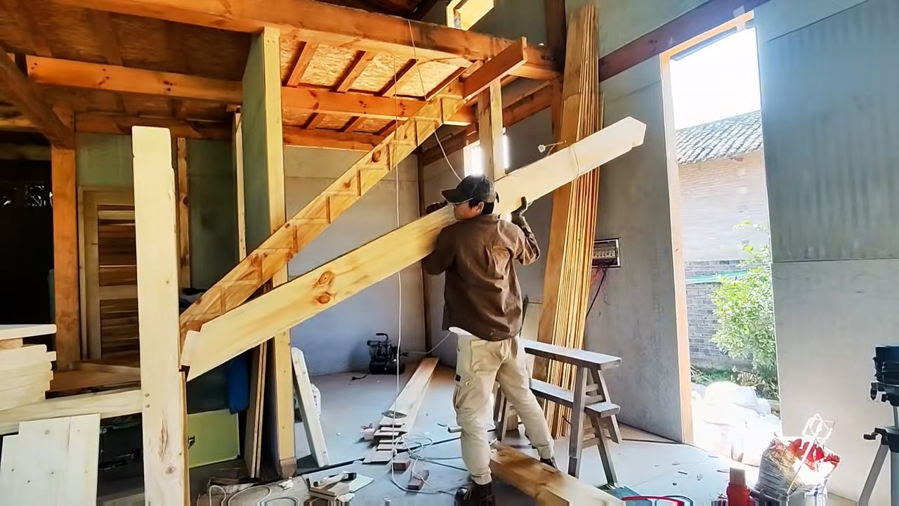 Building a Wooden House EP. 18 The main staircase is finished/Step by ...