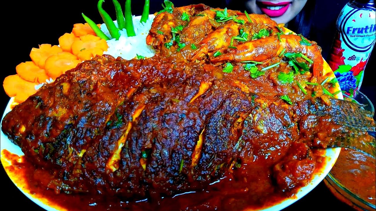 ASMR:EATING SPICY BIG TILAPIA FISH WITH TOMATO,SPICY PRAWN DOPIAZA,RICE ...