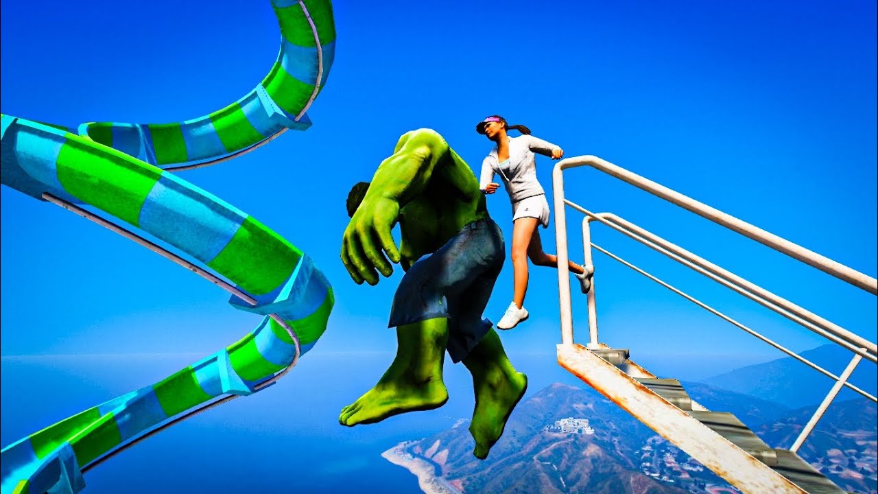 GTA 5 :- Waterslide Challenge In Aquapark #1 (Amanda , Hulk, Lamar ...