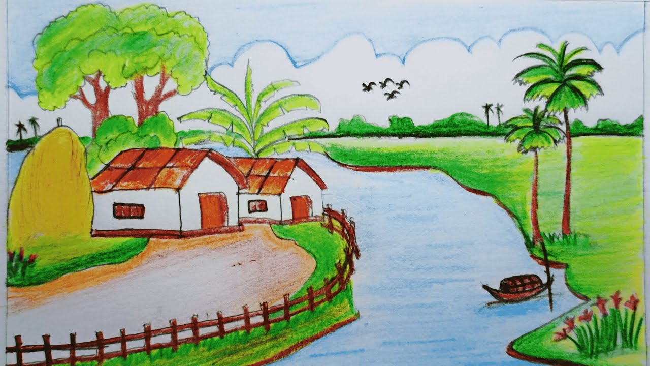 How to draw a natural scenery drawing | কিভাবে প্রাকৃতিক দৃশ্য অংকন ...