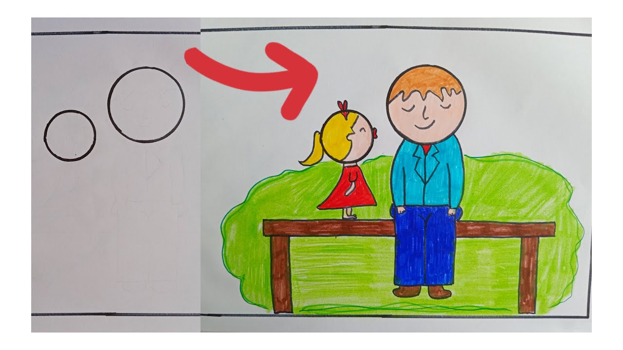 How to draw father and daughter | Love of Father and Daughter Drawing ...