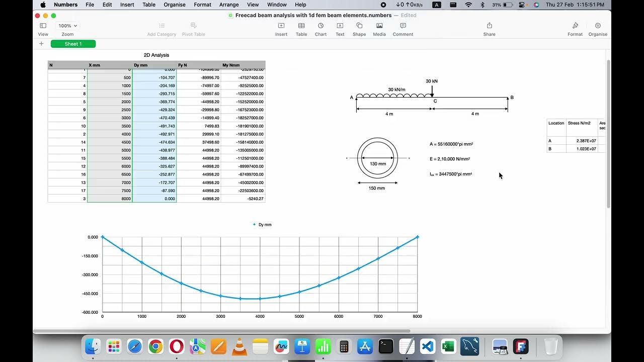 FreeCAD 2D Beam Analysis with Pipe Cross-Section | 1D FEM Elements | Part 3 - Live Solving - YouTube