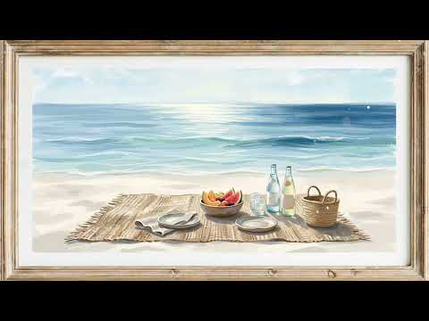 Picnic on the Sand | Framed Seascape Oil Painting TV Art Background | 2 Hour Screensaver