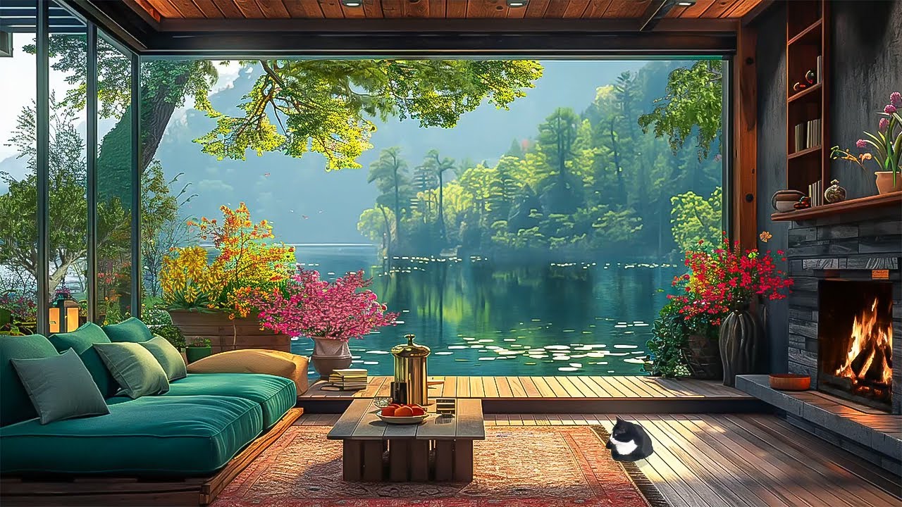 Cozy Summer Backyard Space🌷Campfire Sounds and Birds by the Lake for a ...