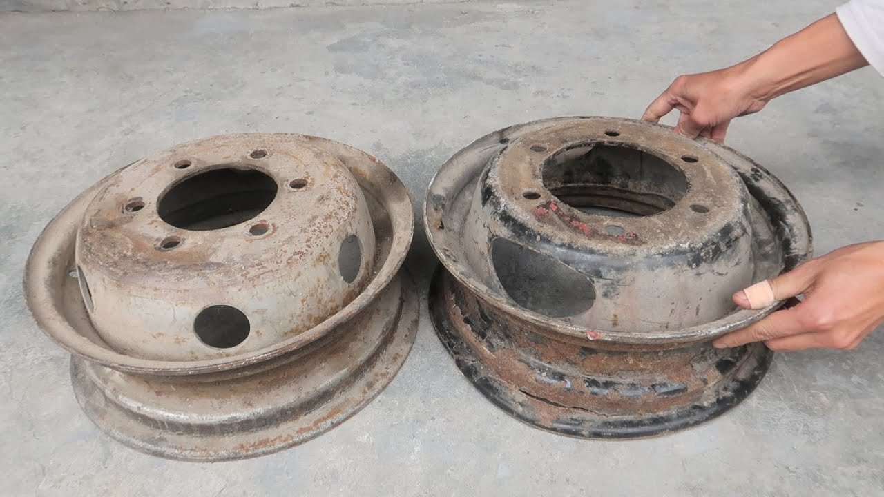 Craft a unique wood stove from car rims and cement at home - YouTube