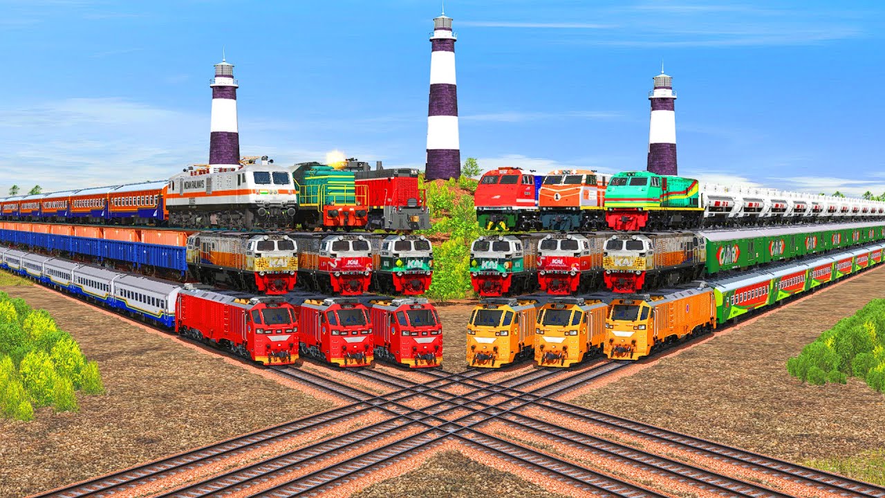 18 TRANSPORTING PASSENGER & FREIGHT TRAINS CROSSING CRISS-CROSS ON TOP ...