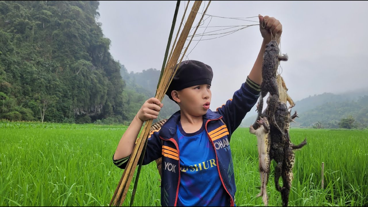 The boy traps frogs with live fish bait, trapping frogs in a primitive ...