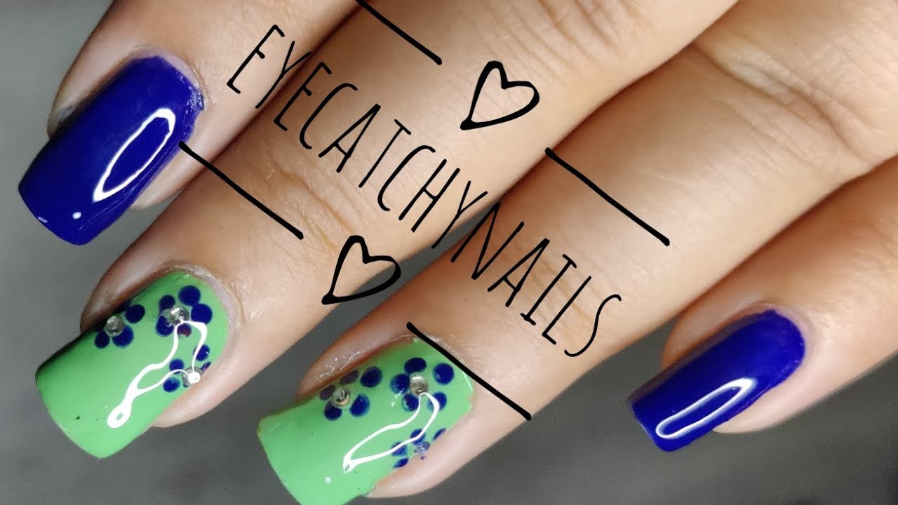 Simple Blue and Green Flowers Nail Art using dotting tool || Easiest ...