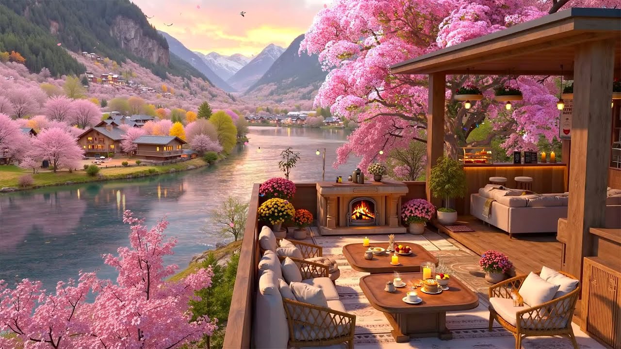 Springtime Retreat by the Lake 🌸 Relaxing Jazz & Cherry Blossoms with ...