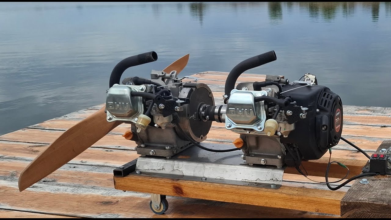 Twin cylinder engine. Test with propeller - YouTube