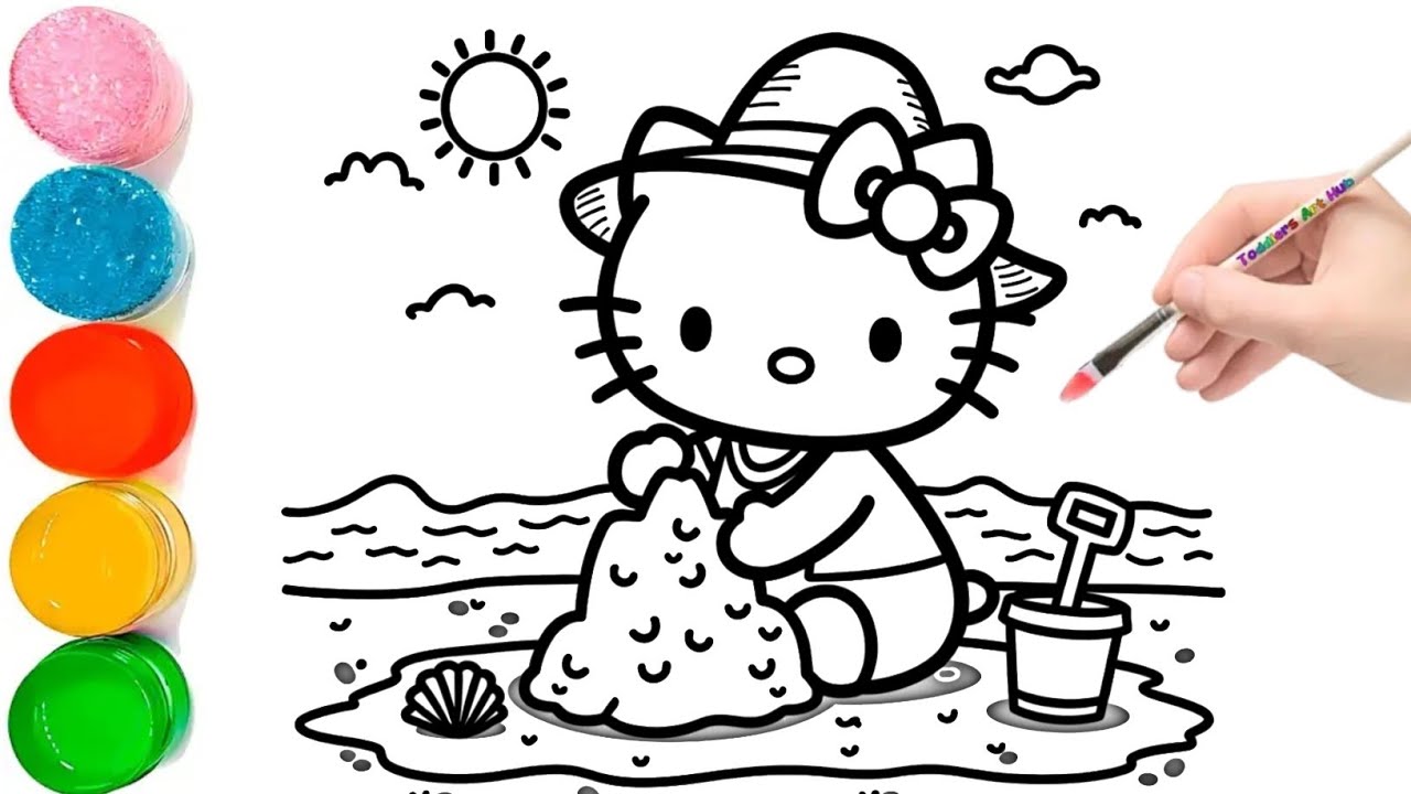 How to Draw and Paint a Hello kitty Beach 🏖️- Easy Drawing and Coloring ...