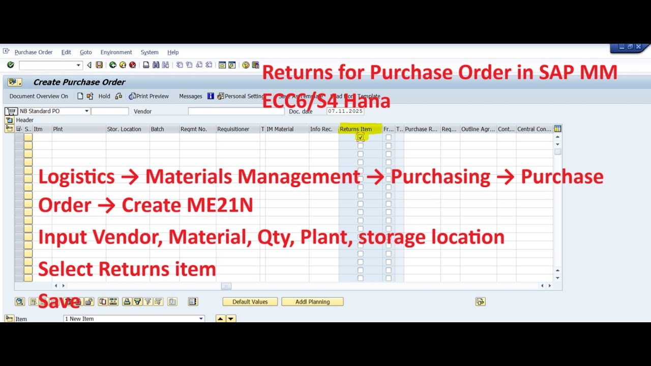 Returns for Purchase Order in SAP MM ECC6/S4 Hana - YouTube