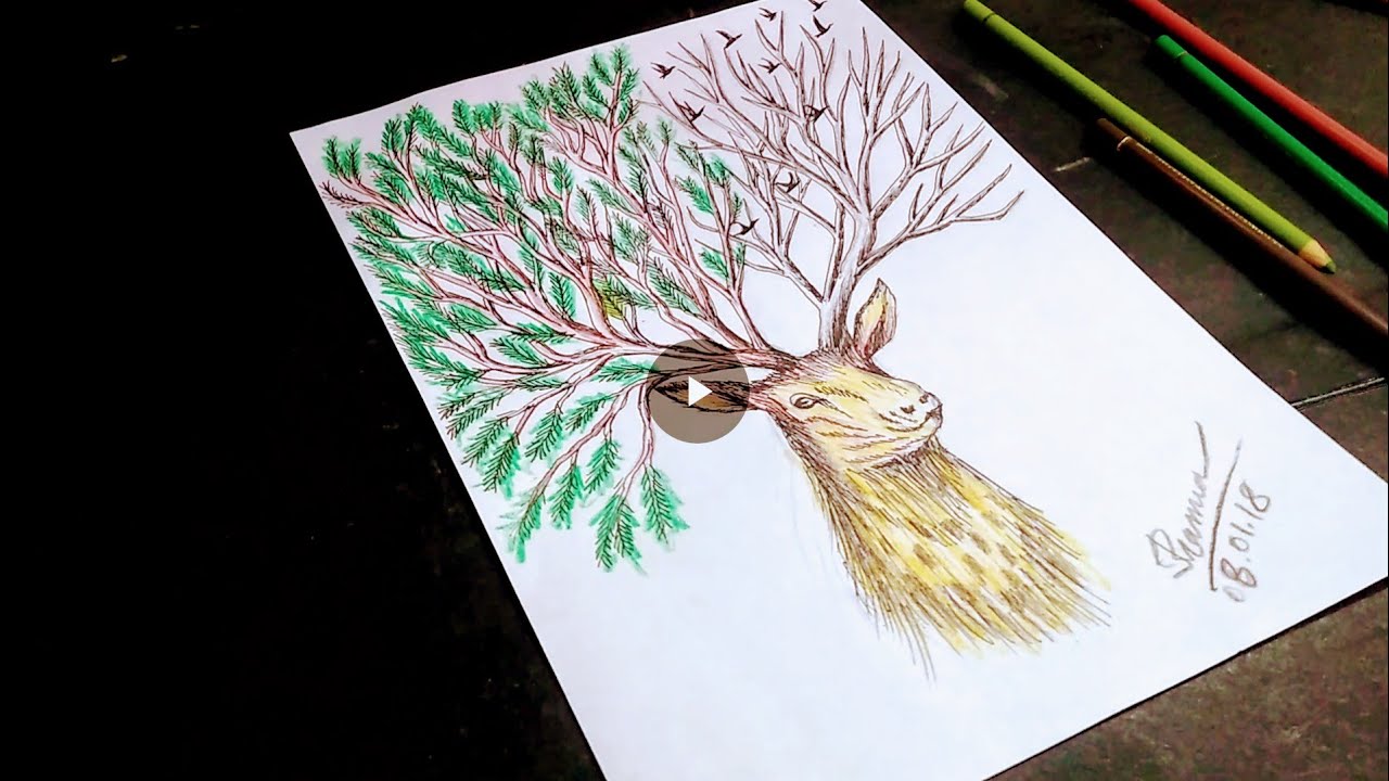 SPEED DRAWING BY INK PEN | BEAUTIFUL DEER BY COLOUR PENCIL| RAINBOW ART ...