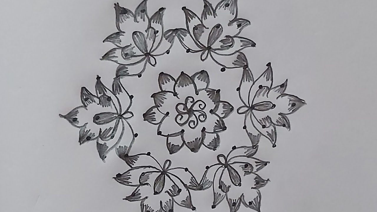 flower kolam pencil drawing|11-6 dot kolam|easy flower kolam drawing ...